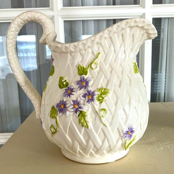 Accents | Nwt Decorative White And Purple Ceramic Pitcher With Floral ...